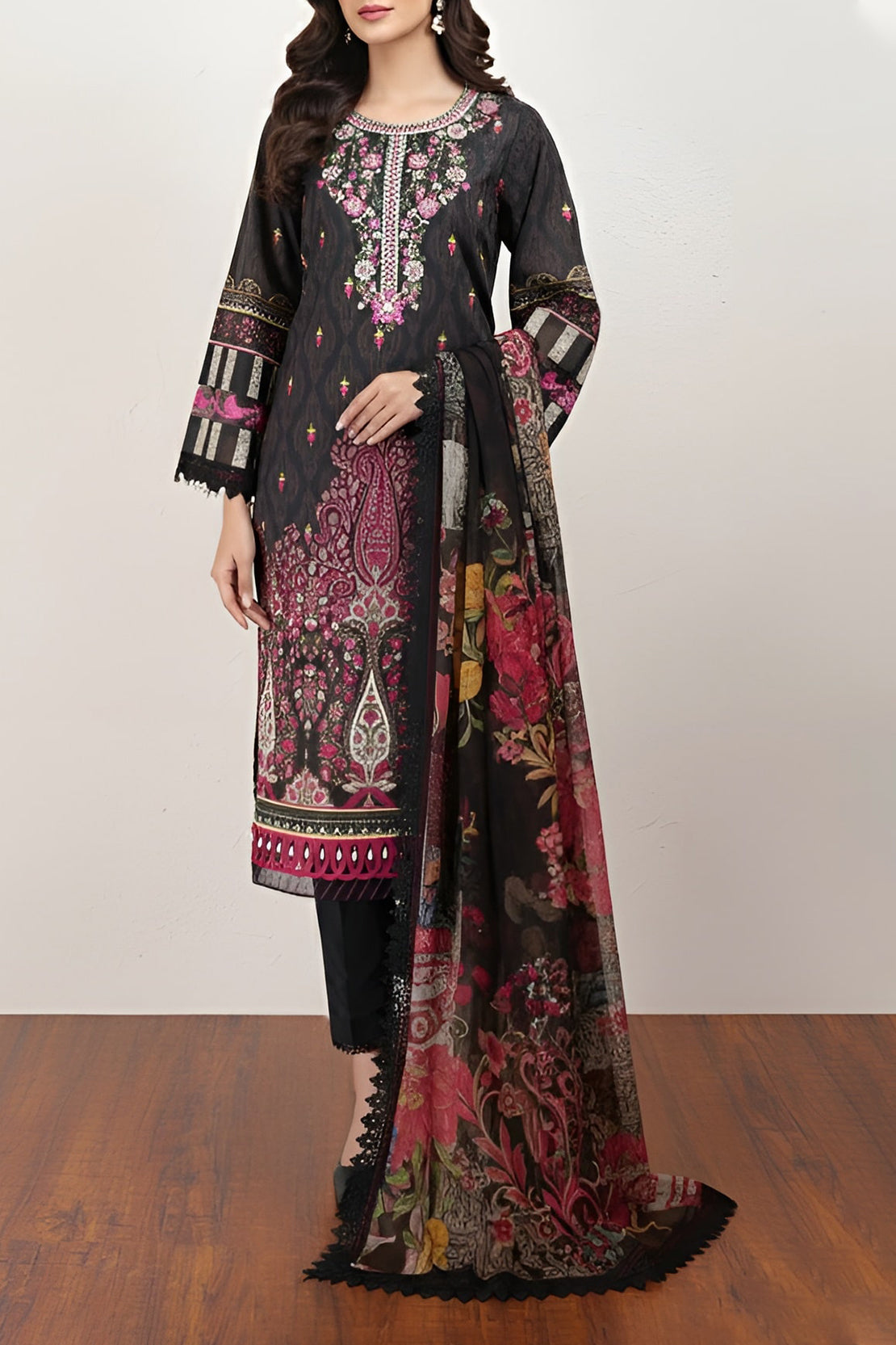 Unstitched Printed Embroidered Lawn Shirt – SAYA