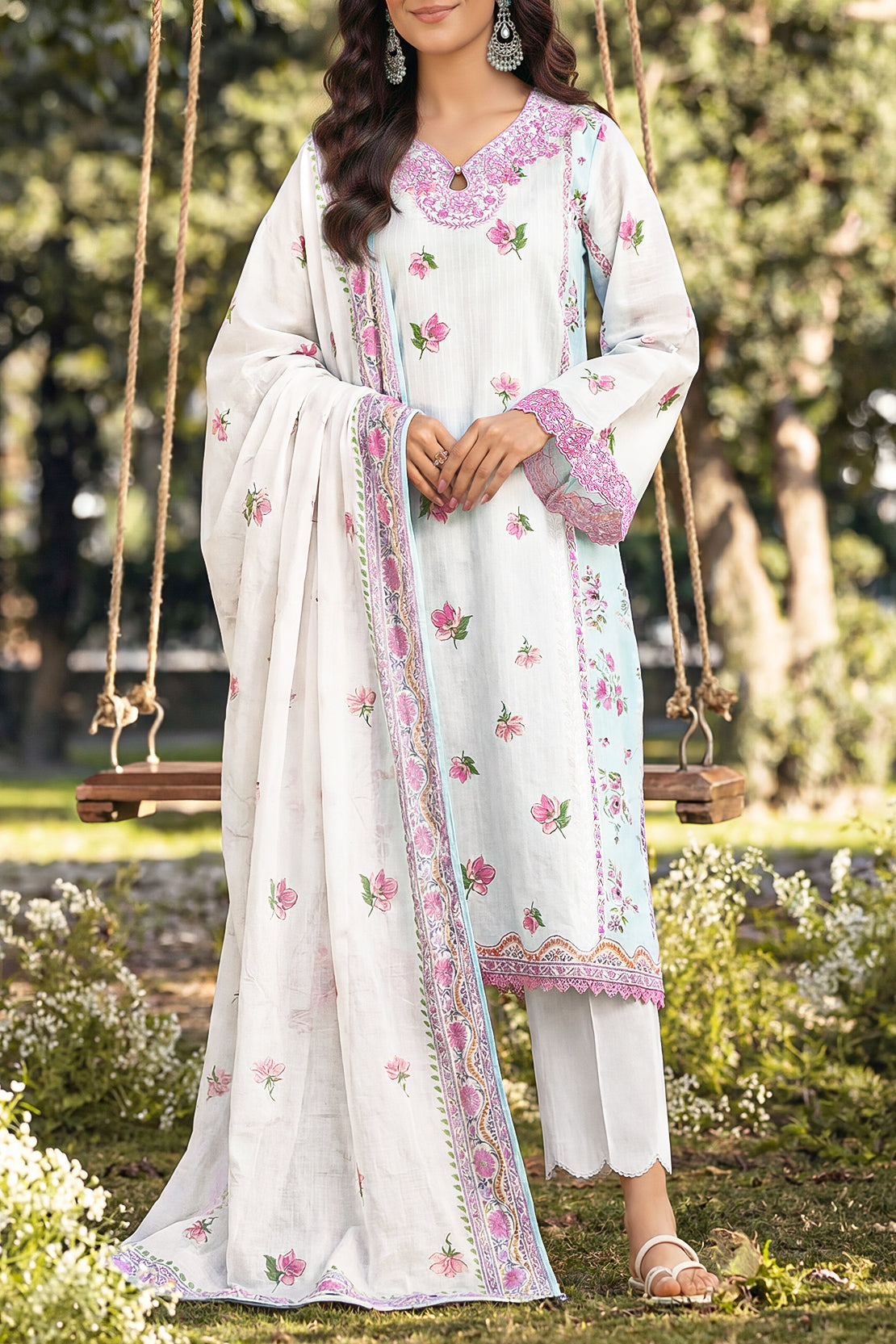 Unstitched Printed Embroidered Strip Lawn 3 Piece – SAYA