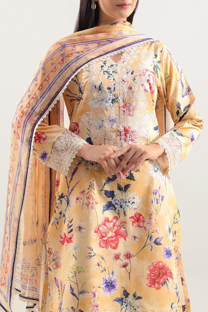 Unstitched Printed Embroidered Strip Lawn 3 Piece With Chiffon Dupatta ...